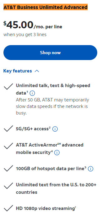 AT&T Mobile Phone 서비스 플랜 - AT&T Business Unlimited Advanced : 플레이스 : 씨폴더